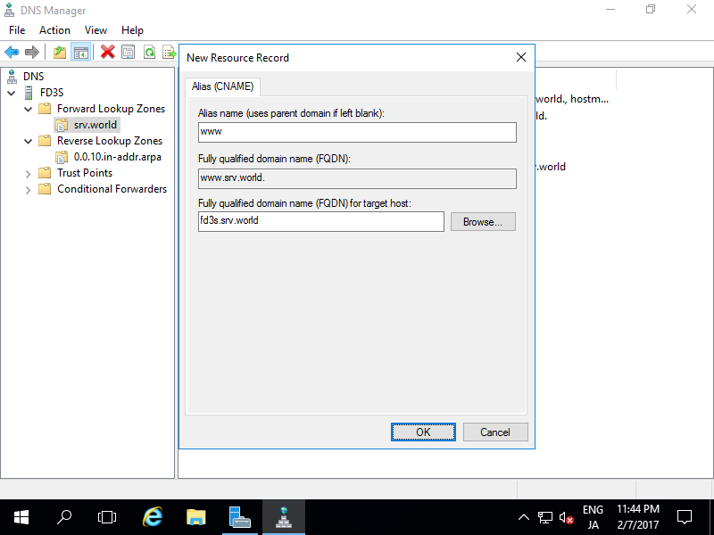Windows Server 2016 : DNS Server : Add CNAME record : Server World