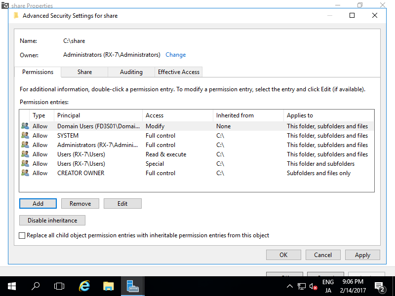 Windows Server 2016 : File Server : Access Permission : Server World